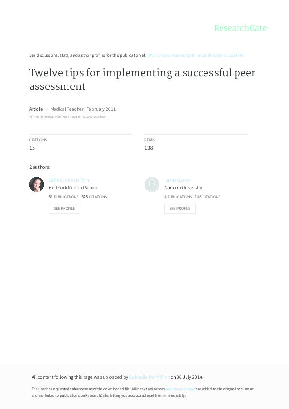 (PDF) Twelve tips for implementing a successful peer assessment