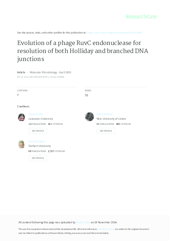 (PDF) Evolution of a phage RuvC endonuclease for resolution of both ...