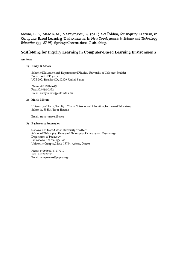 (PDF) Scaffolding for Inquiry Learning in Computer-Based Learning Environments