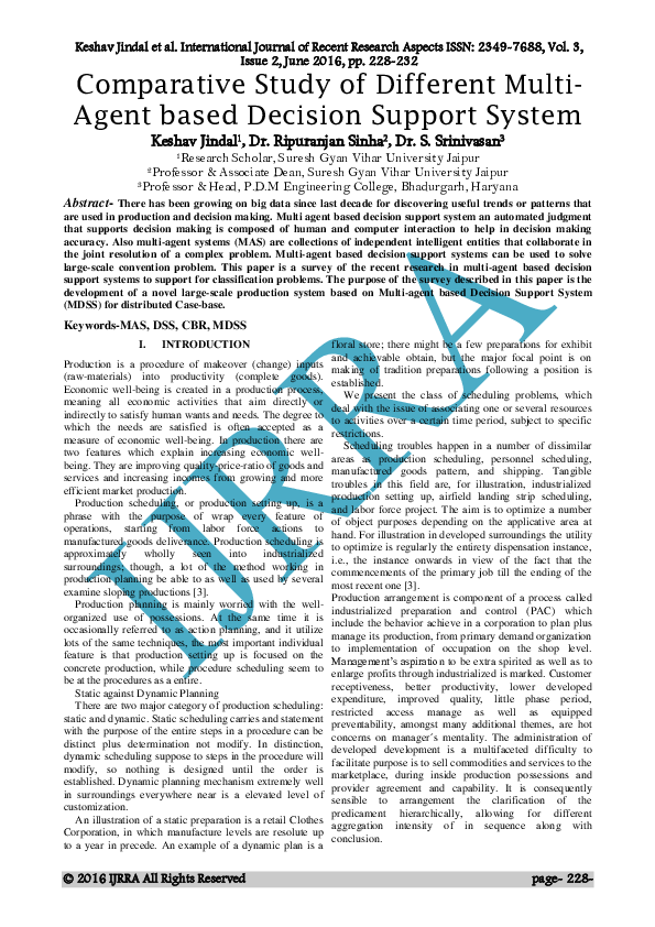 (PDF) Comparative Study of Different Multi- Agent based Decision Support System