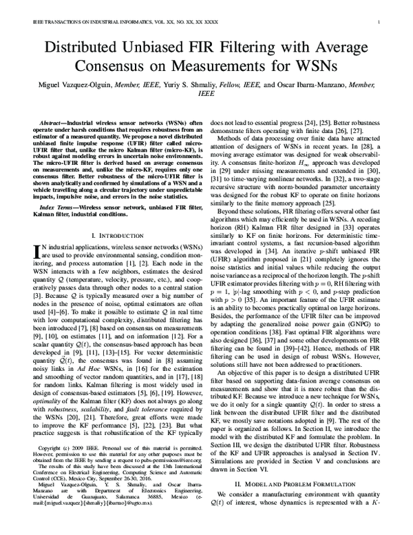 (PDF) Distributed Unbiased FIR Filtering with Average Consensus on Measurements for WSNs