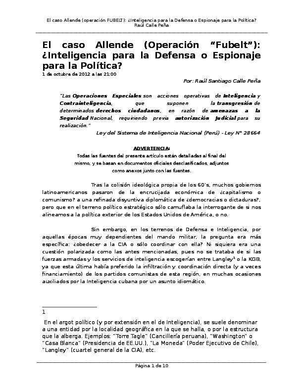 (DOC) El caso Allende (Operación " Fubelt " ): ¿Inteligencia para la ...