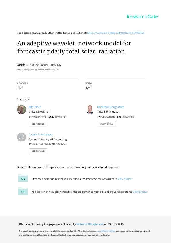 (PDF) An adaptive wavelet-network model for forecasting daily total solar-radiation