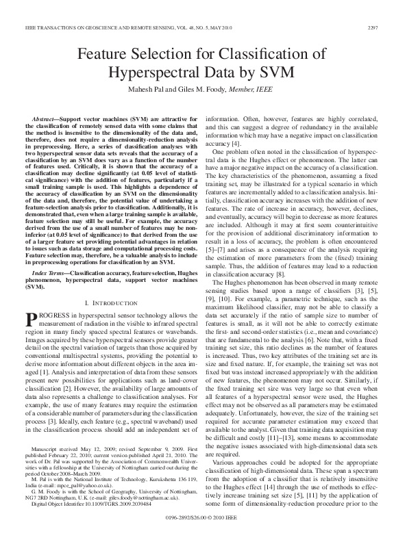 Pdf Feature Selection For Classification Of Hyperspectral Data By Svm