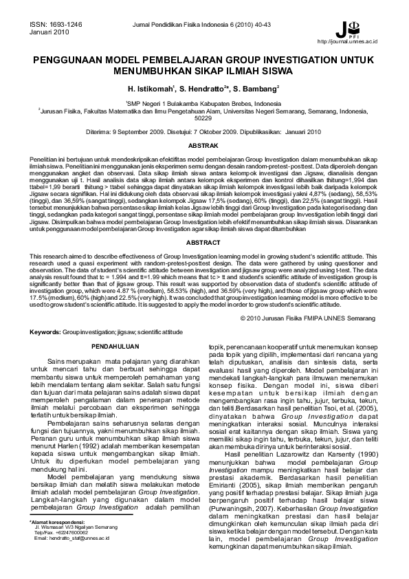 (PDF) PENGGUNAAN MODEL PEMBELAJARAN GROUP INVESTIGATION UNTUK MENUMBUHKAN SIKAP ILMIAH SISWA