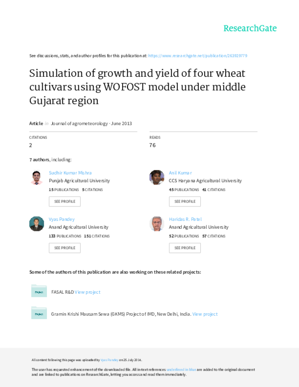 (PDF) Simulation of growth and yield of four wheat cultivars using WOFOST model under middle ...