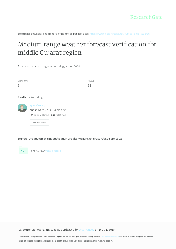 (PDF) Medium range weather forecast verification for middle Gujarat region