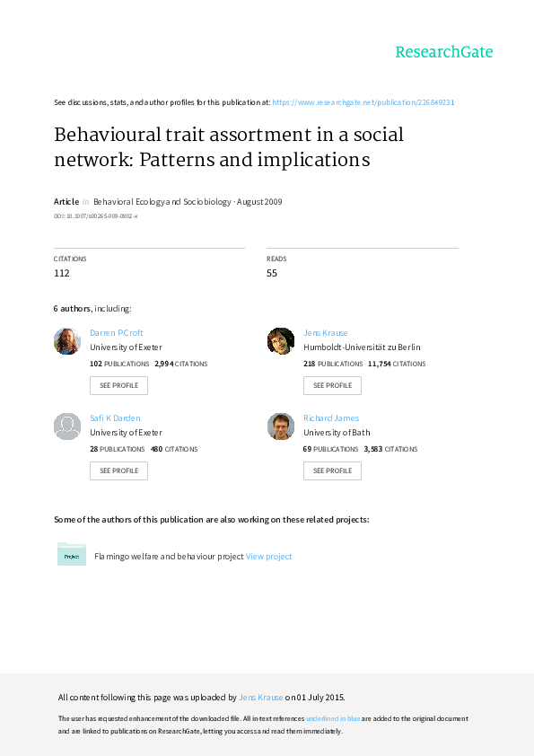 (PDF) Behavioural trait assortment in a social network: patterns and ...