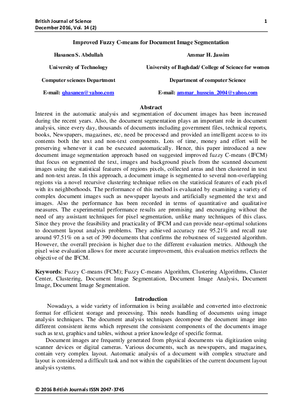 (PDF) Improved Fuzzy C-means for Document Image Segmentation