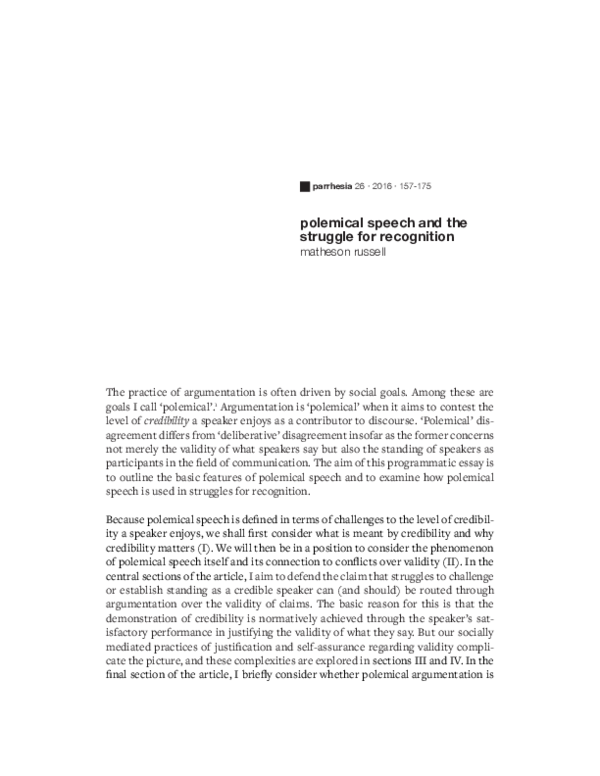 (PDF) Polemical speech and the struggle for recognition