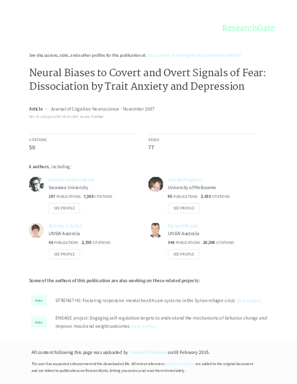 (PDF) Neural biases to covert and overt signals of fear: dissociation by trait anxiety and ...