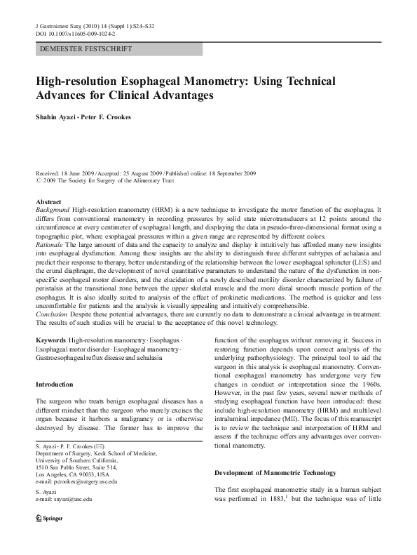 (PDF) High-resolution Esophageal Manometry: Using Technical Advances ...