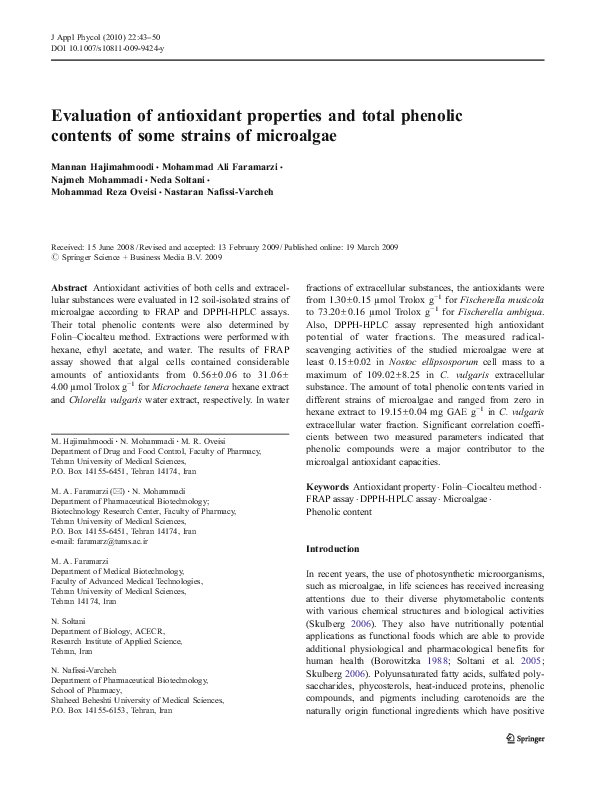 (PDF) Evaluation of antioxidant properties and total phenolic contents of some strains of microalgae