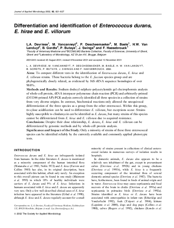 (PDF) Differentiation and identification of Enterococcus durans, E. hirae and E. villorum