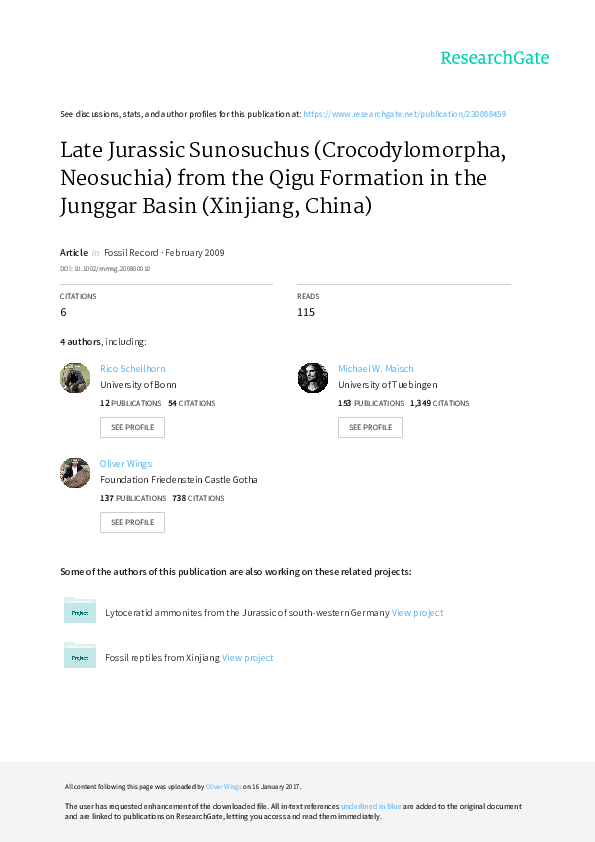 (PDF) Late Jurassic Sunosuchus (Crocodylomorpha, Neosuchia) from the ...