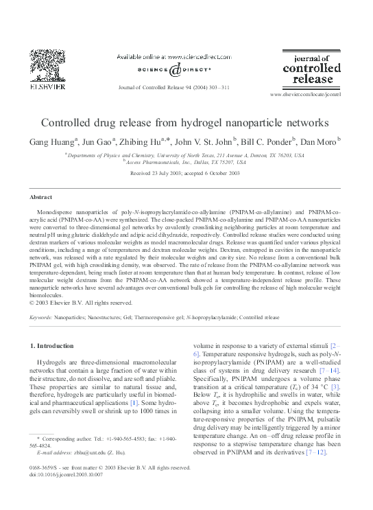 (PDF) Controlled drug release from hydrogel nanoparticle networks