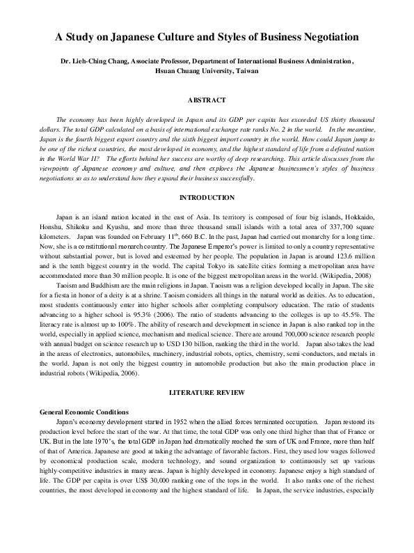 (PDF) A Study on Japanese Culture and Styles of Business Negotiation