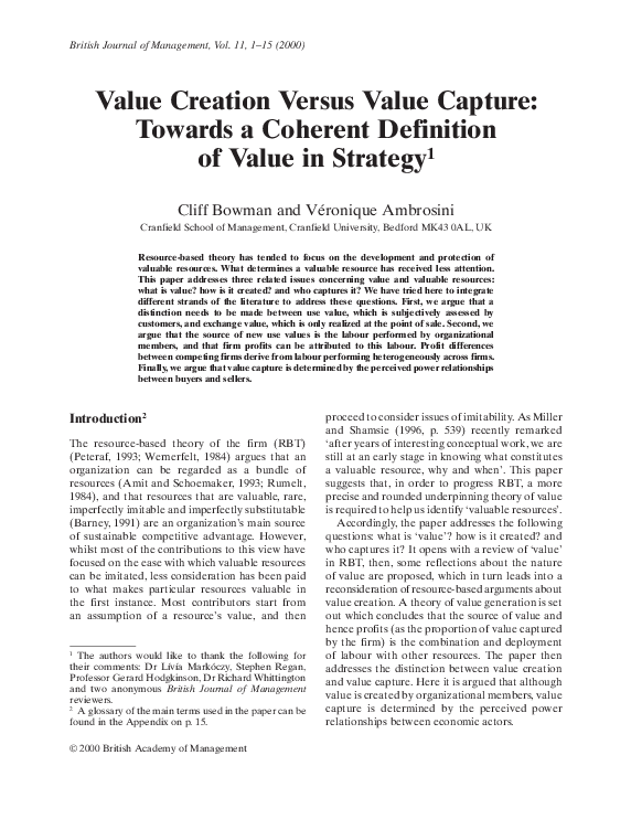 (PDF) Value creation versus value capture: towards a coherent definition of value in strategy