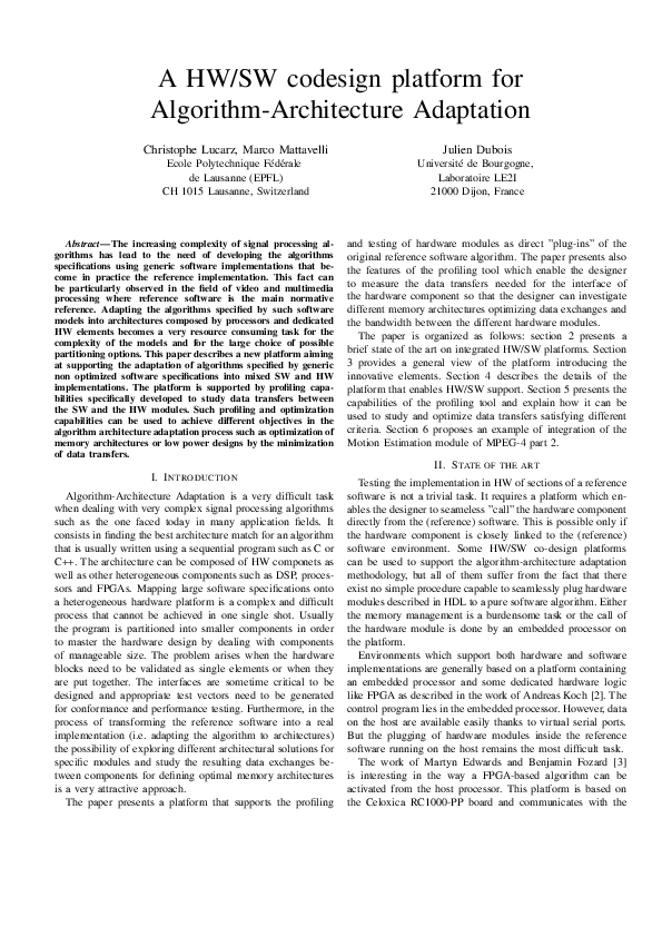 (PDF) A HW/SW codesign platform for Algorithm-Architecture mapping
