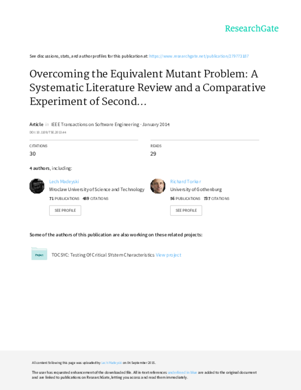 (PDF) Overcoming the Equivalent Mutant Problem: A Systematic Literature Review and a Comparative ...