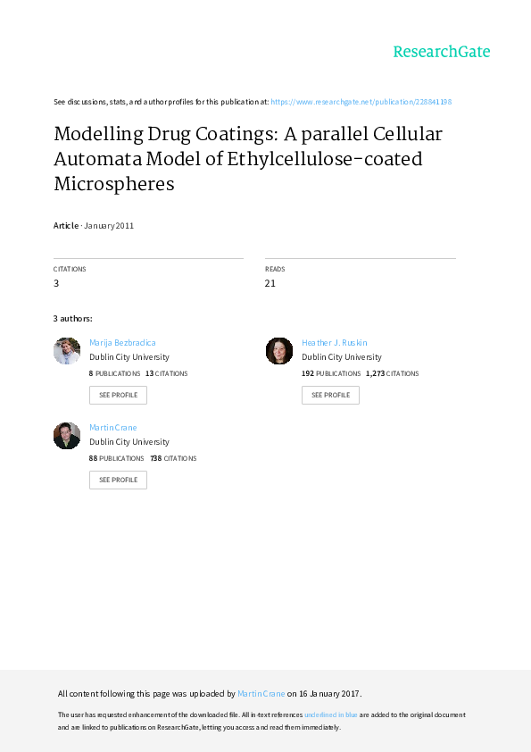(PDF) Modelling Drug Coatings: A parallel Cellular Automata Model of Ethylcellulose-coated ...