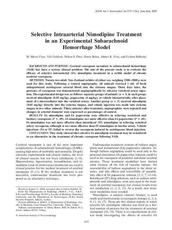 (PDF) Selective intraarterial nimodipine treatment in an experimental subarachnoid hemorrhage model
