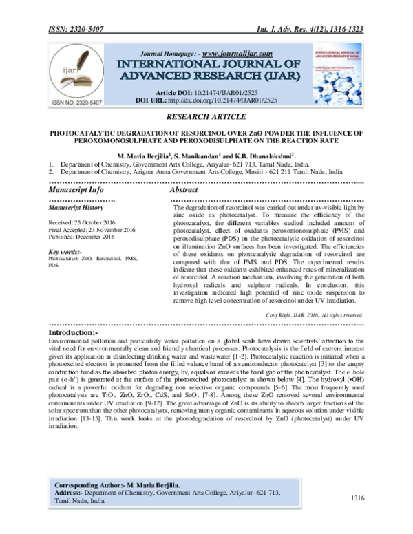 (PDF) PHOTOCATALYTIC DEGRADATION OF RESORCINOL OVER ZnO POWDER THE ...