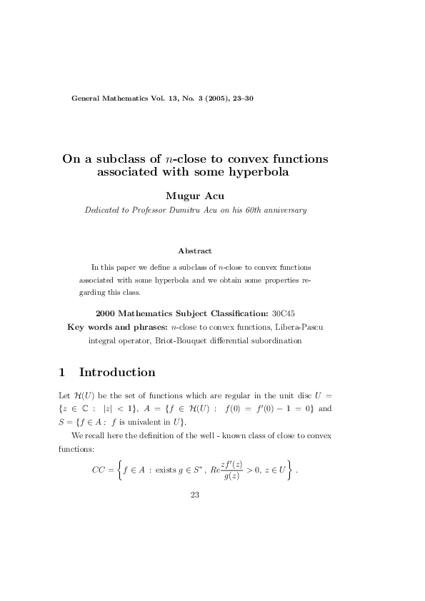 (PDF) On a subclass of n-close to convex functions associated with some hyperbola