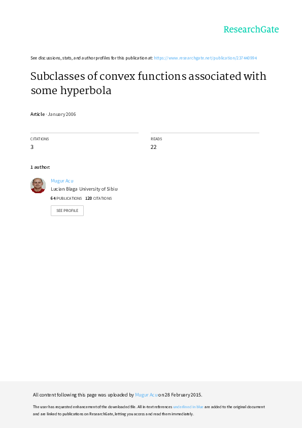 Pdf Subclasses Of Convex Functions Associated With Some Hyperbola