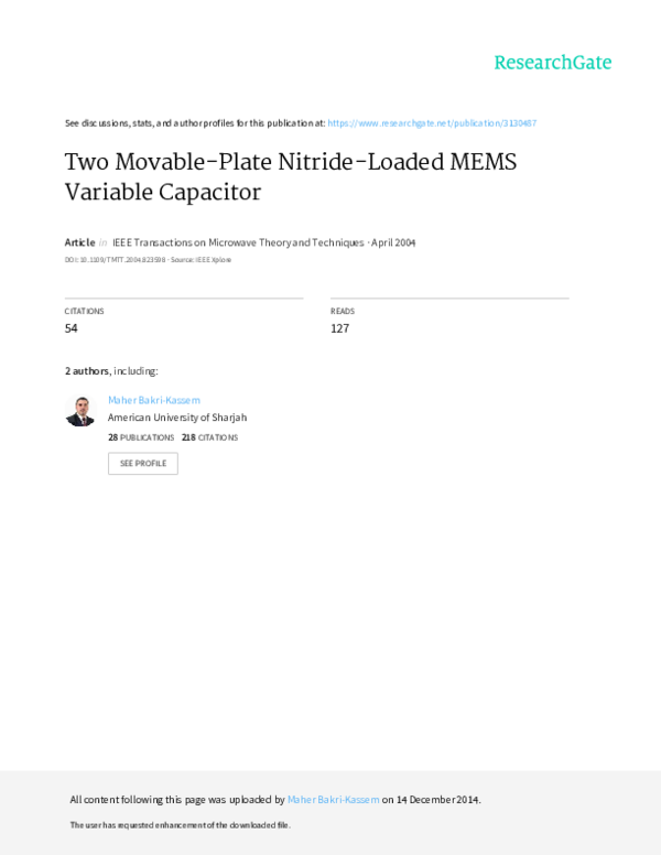 (PDF) Two movable plate nitride loaded MEMS variable capacitor