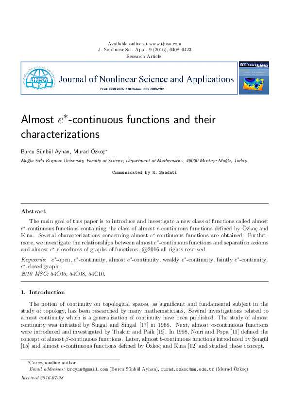 (PDF) Almost e * -continuous functions and their characterizations
