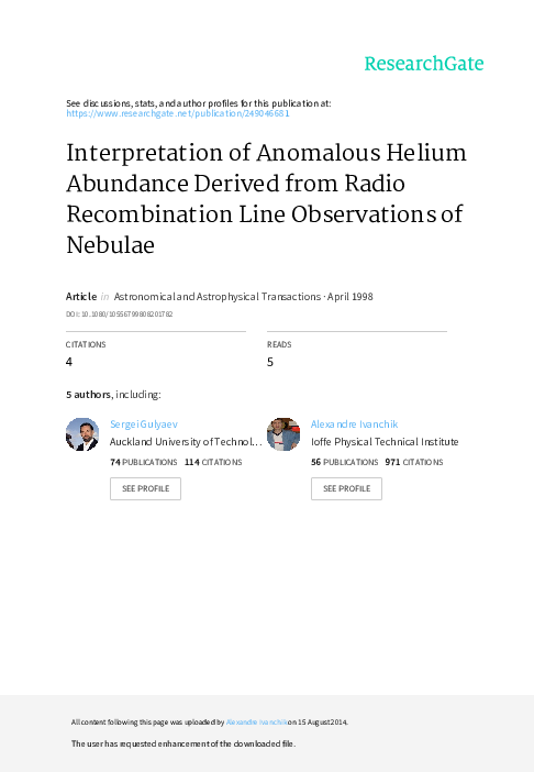 (PDF) Interpretation of anomalous helium abundance derived from radio ...