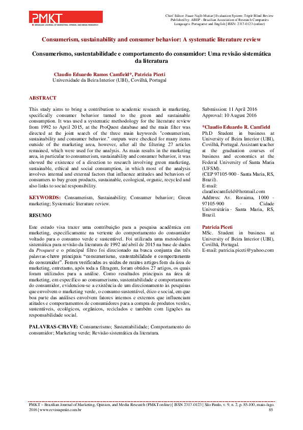 (PDF) Consumerism, sustainability and consumer behavior: A systematic literature review
