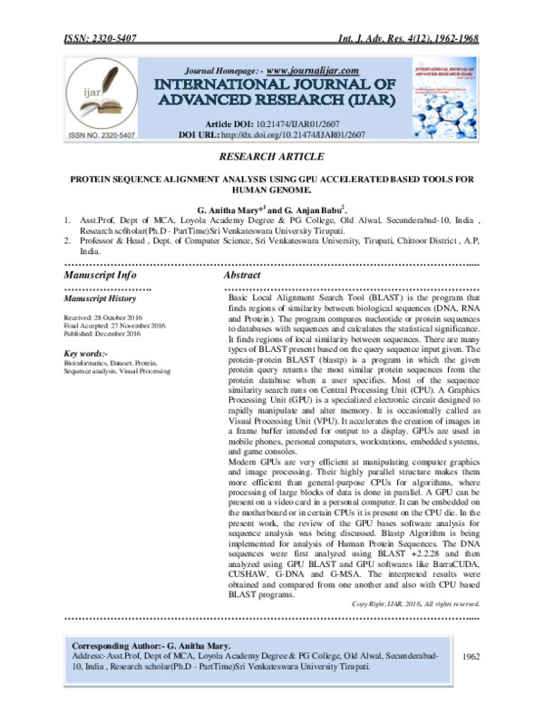 (PDF) PROTEIN SEQUENCE ALIGNMENT ANALYSIS USING GPU ACCELERATED BASED TOOLS FOR HUMAN GENOME