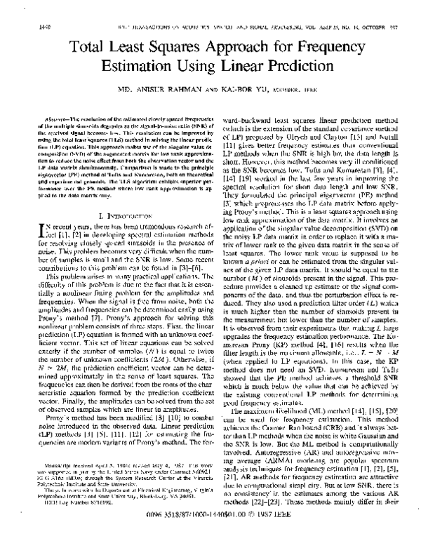 Total Least Squares Approach For Frequency Estimation Using Linear