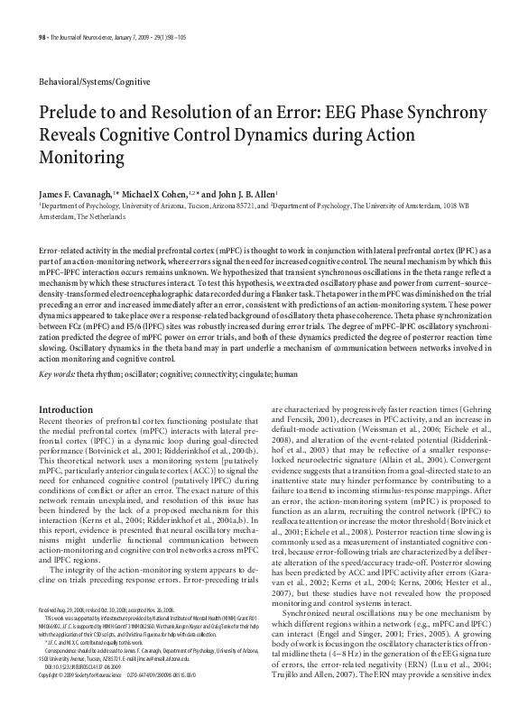 (PDF) Prelude to and resolution of an error: EEG phase synchrony reveals cognitive control ...