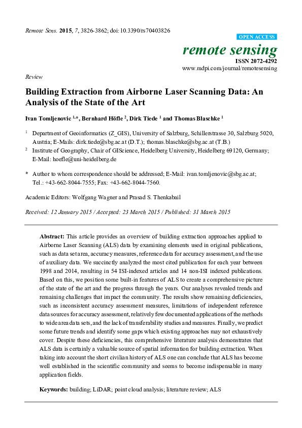 Pdf Building Extraction From Airborne Laser Scanning Data An Analysis Of The State Of The Art