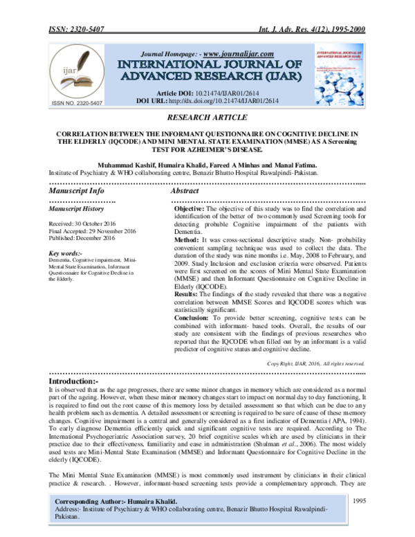 Pdf Correlation Between The Informant Questionnaire On Cognitive Decline In The Elderly