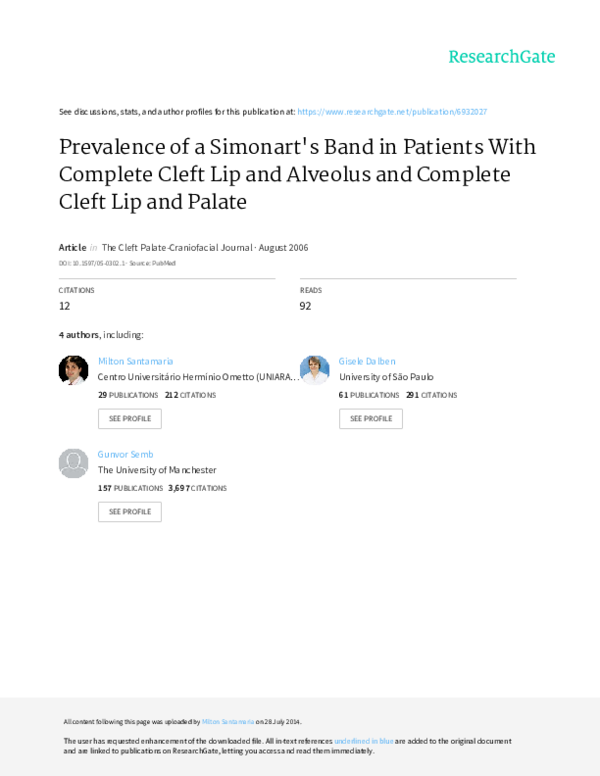 (PDF) Prevalence of a Simonart's Band in Patients With Complete Cleft Lip and Alveolus and ...