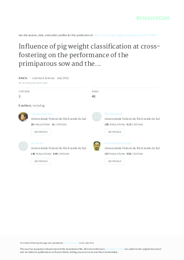 (PDF) Influence of pig weight classification at cross-fostering on the ...
