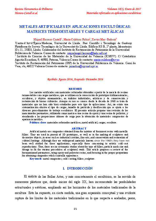 (PDF) (2017) "Metales artificiales en aplicaciones escultóricas ...