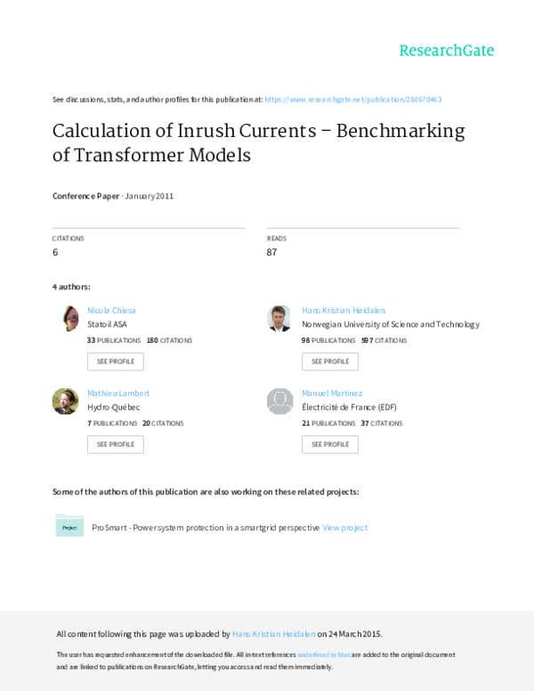 (PDF) Calculation of Inrush Currents – Benchmarking of Transformer Models