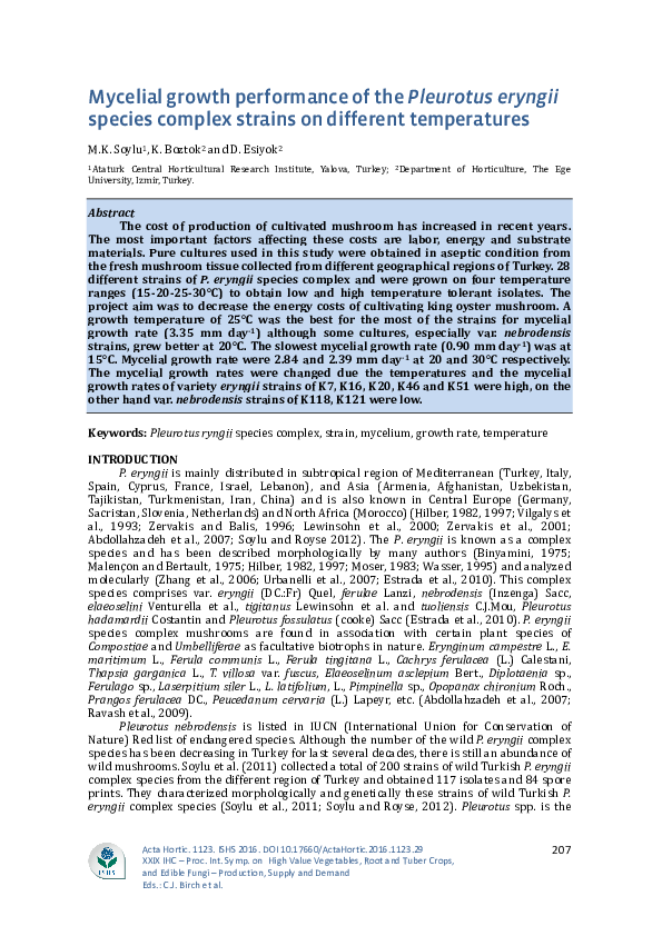 (PDF) Mycelial growth performance of the Pleurotus eryngii species complex strains on different ...