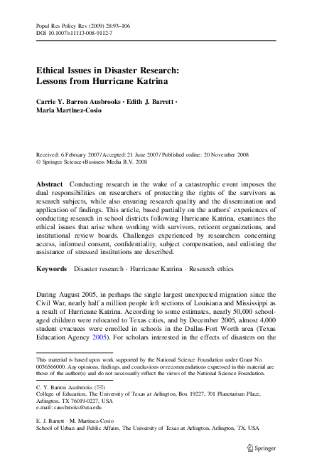 (PDF) Ethical Issues in Disaster Research: Lessons from Hurricane Katrina
