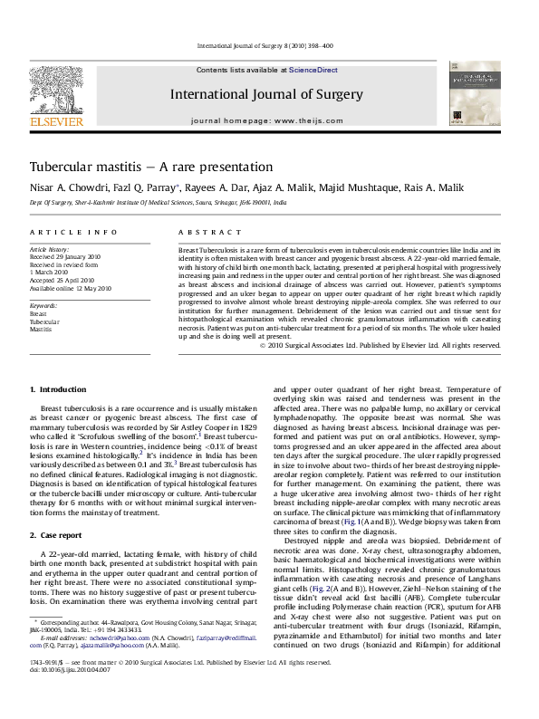(PDF) Tubercular mastitis-A rare presentation