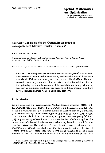 Pdf Necessary Conditions For The Optimality Equation In Average Reward Markov Decision Processes