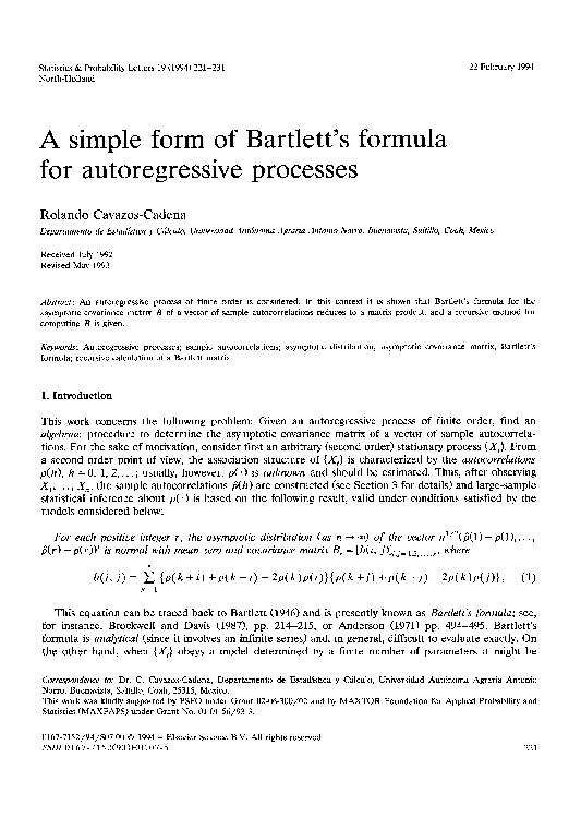 (PDF) A simple form of Bartlett's formula for autoregressive processes