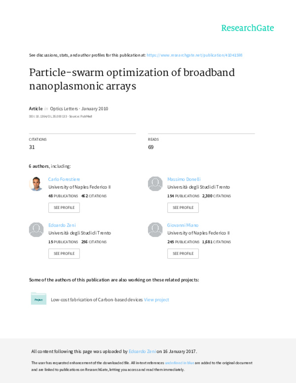 (PDF) Particle-swarm optimization of broadband nanoplasmonic arrays