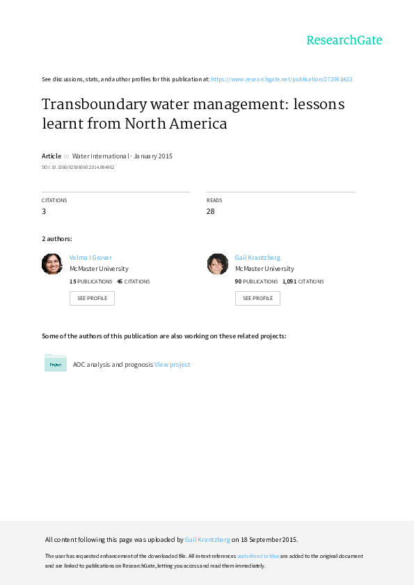 (PDF) Transboundary water management: lessons learnt from North America