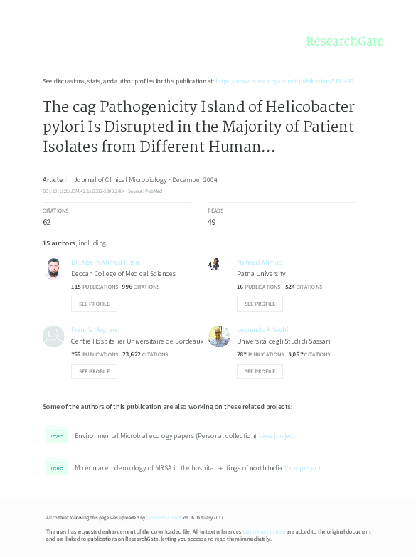 (PDF) The Cag Pathogenicity Island of Helicobacter Pylori is Disrupted ...